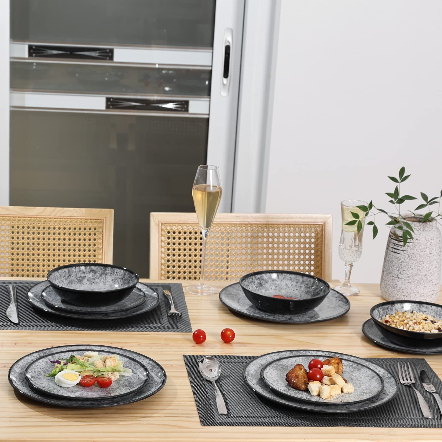 Melamine Dinnerware Set of 12 Pcs-Melamine Plates and Bowls Set for Indoor and Outdoor Use, BPA Free Dishwasher Safe, Lightweight Unbreakable(Glazed Grey)