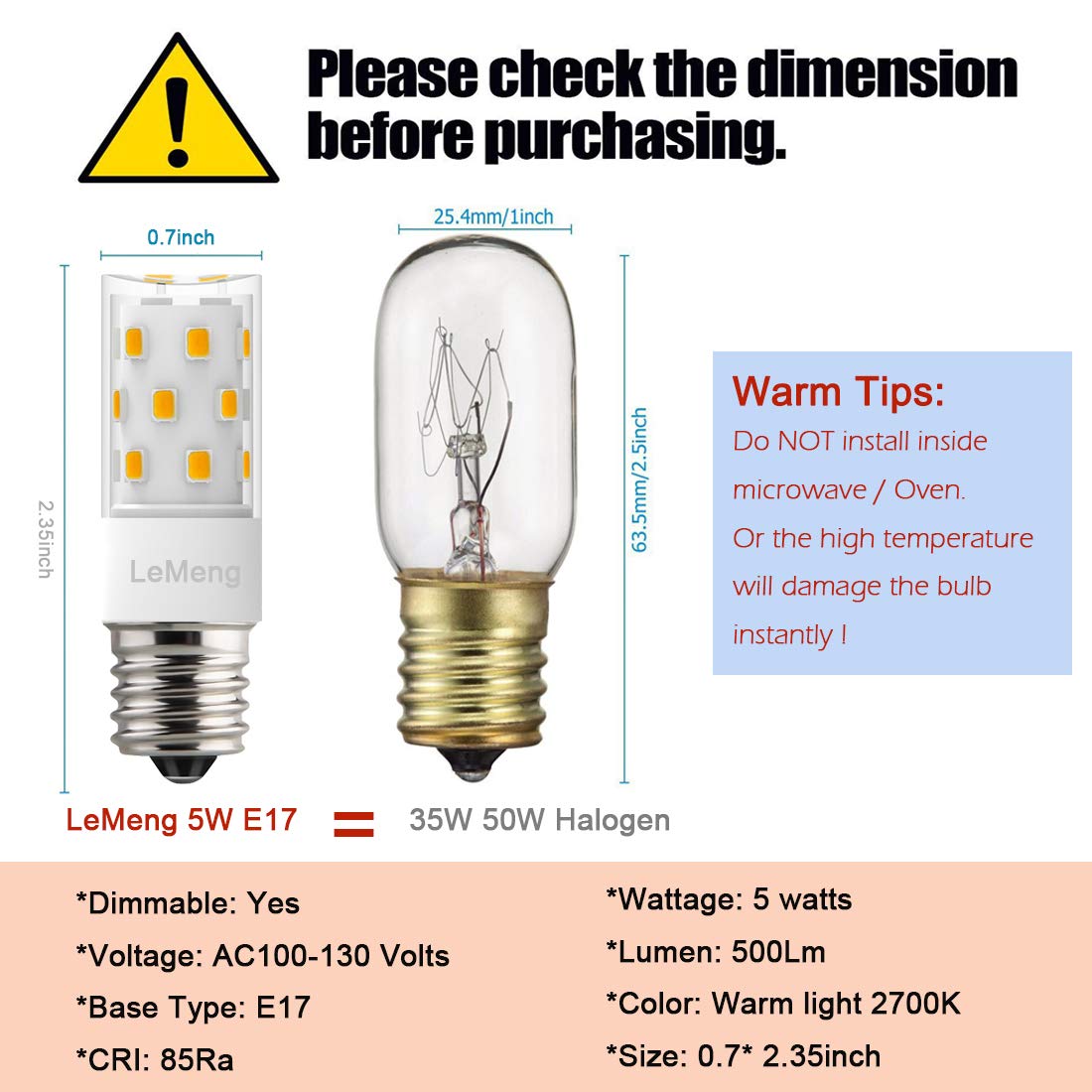 LEMENG E17 LED Bulb, Dimmable, 5W 500lm Warm White 2700K,35-50watt Halogen Replacement,AC 120V Appliance Bulbs Microwave Oven Stovetop Light,6-Pack