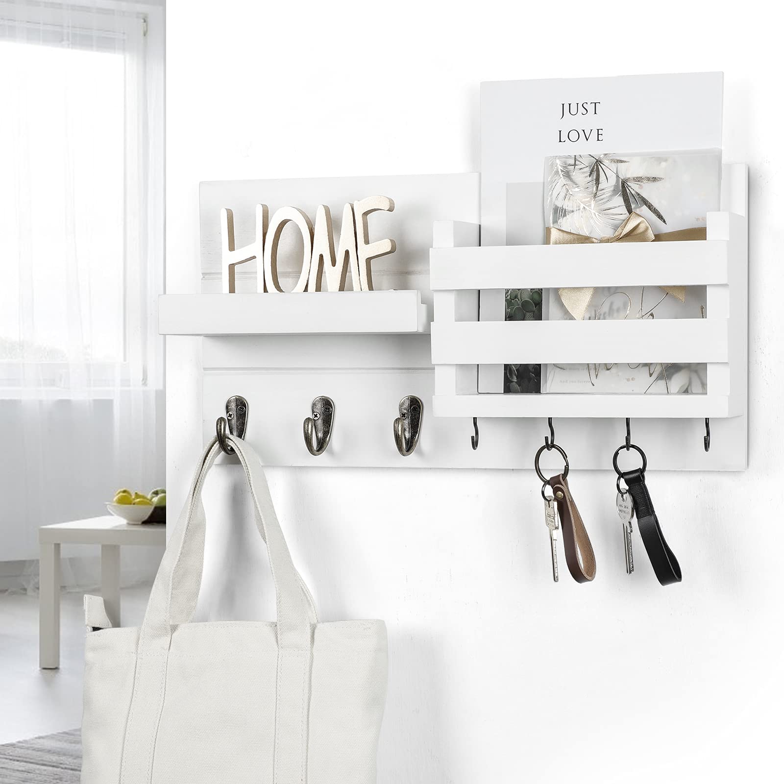 Lwenki Mail Organizer for Wall Mount – Key Holder with Shelf includes Letter Holder and Hooks for Coats, Dog Leashes – Rustic Wood with Flush Mounting Hardware (16.5” x 8.7” x 3.5”)