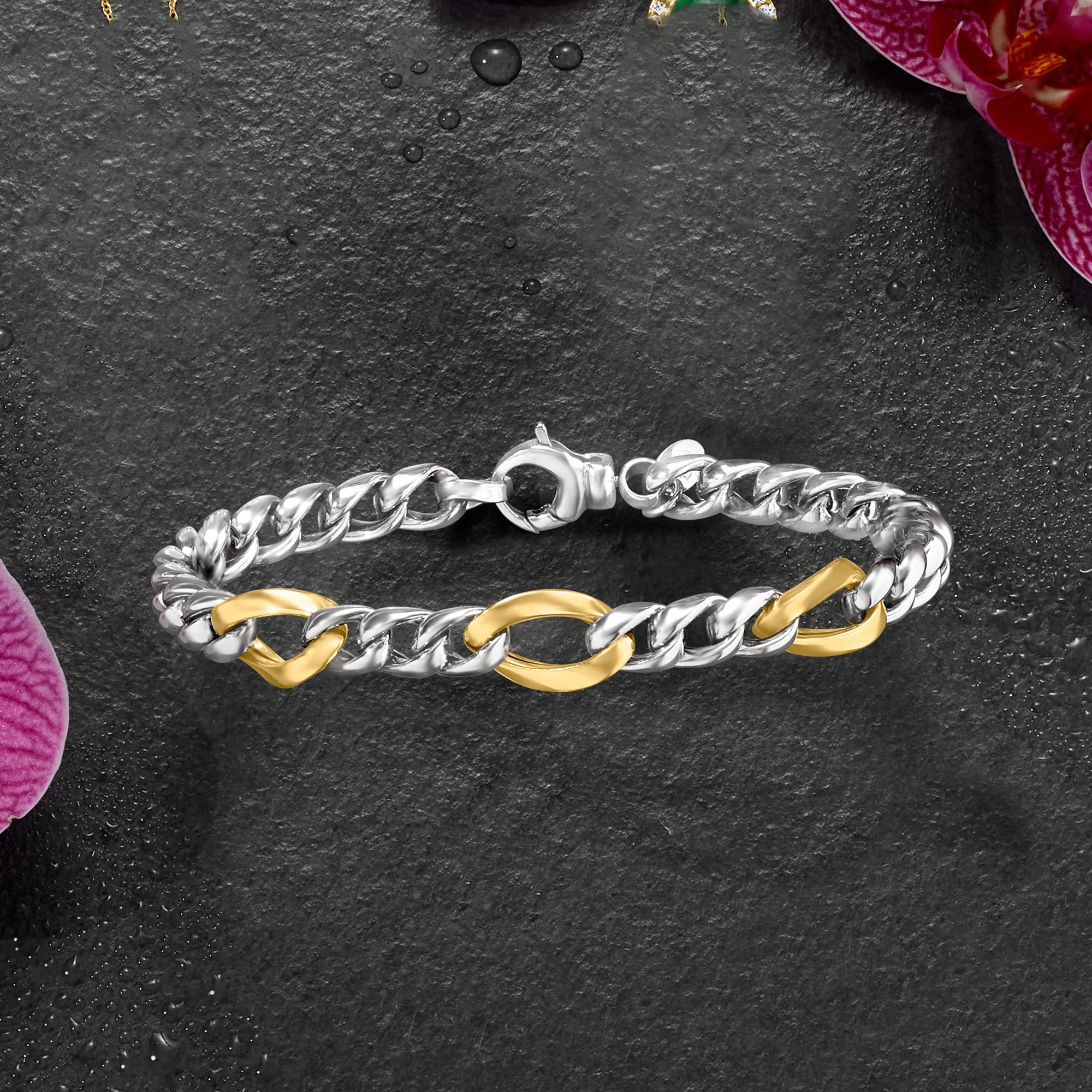 Ross-Simons Sterling Silver and 14kt Yellow Gold Curb-Link Bracelet. 7 inches