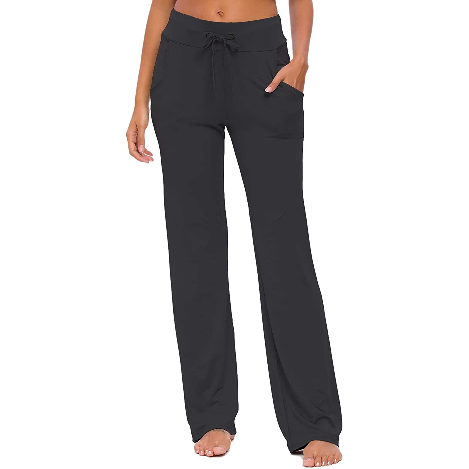 QIUSGE Women Lounge High Waist Yoga Pants Pockets, Solid Comfy Loose Drawstring Wide Leg Joggers Trousers Sweatpants