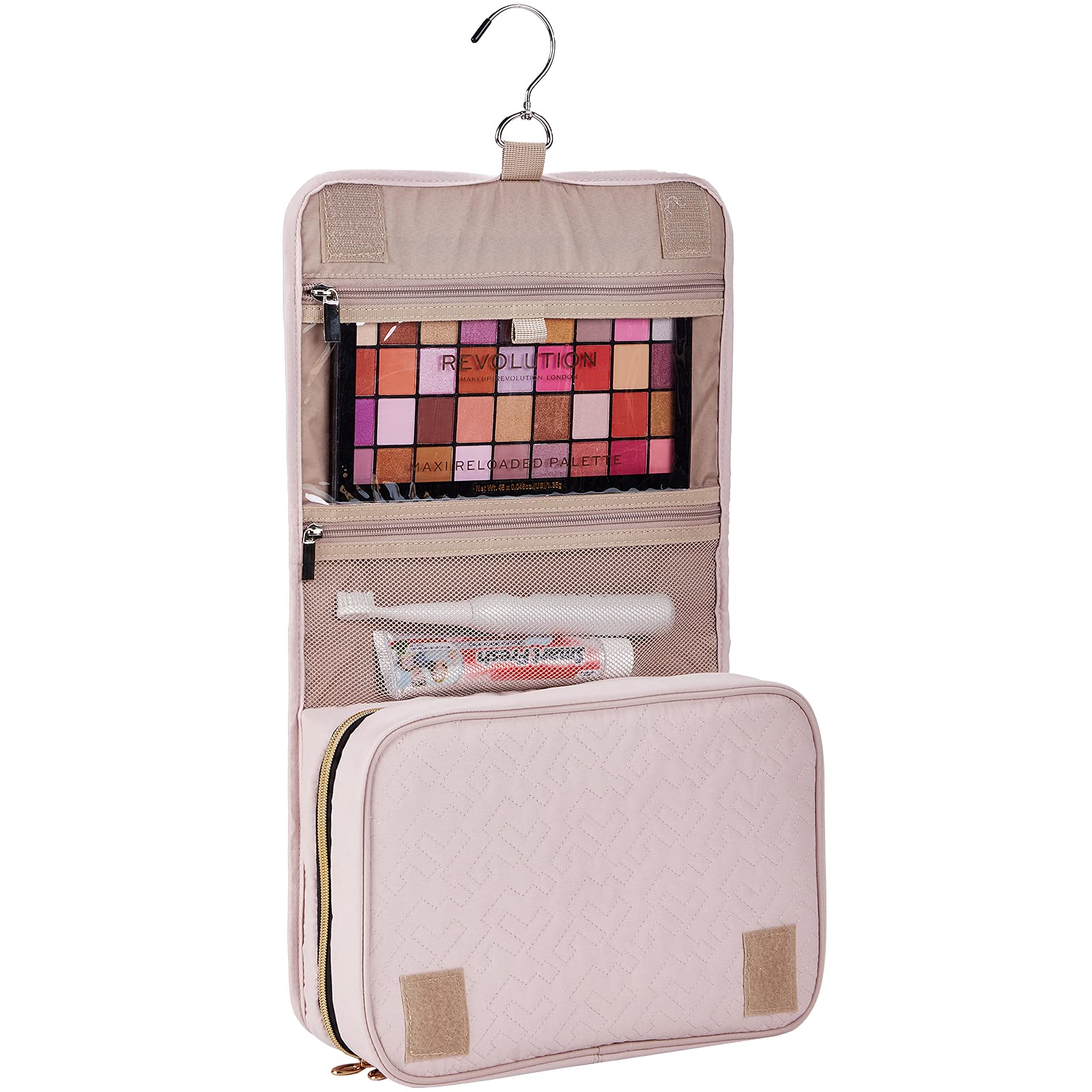 NISHEL Travel Toiletry Bag for women, Large Cosmetic Organizer with Rotatable Hanging Hook, Bathroom and Shower Organizer Kit for Brushes, Shampoo, Container, Makeup, Pink