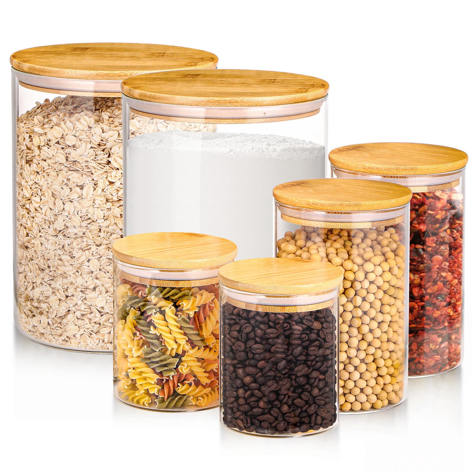 Mifoci 6 Pcs Christmas Cookie/Candy Storage Jars Glass with Airtight Bamboo Lid 95/32/14 Oz, Clear Glass Food Storage Container Stackable Kitchen Canister with Sealing Lid for Xmas Winter Party Supply
