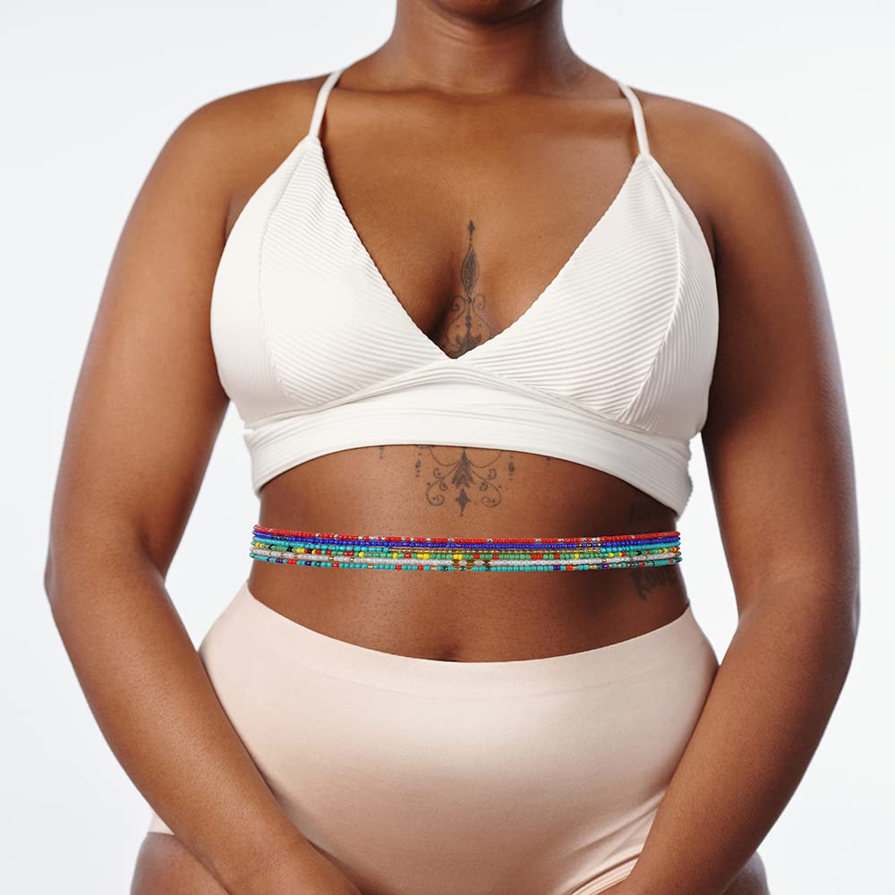 Rainhonor Tie On African Waist Beads Plus Size for Women No-stretch Belly Beads for the Waist Weight Loss Adjustable Stomach Beads(6 pack)