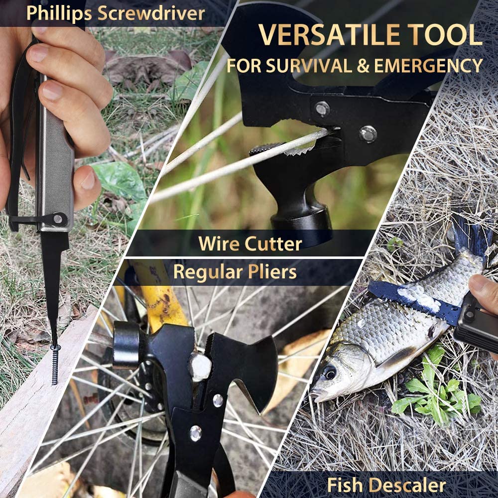 Men Women Gifts Multitool Hatchet Camping Essentials Survival Multi Tool 14-in-1 Fathers Day Brithday Gift for Dad Him Son Her Hiking Backpacking Gear Axe Hammer Saw