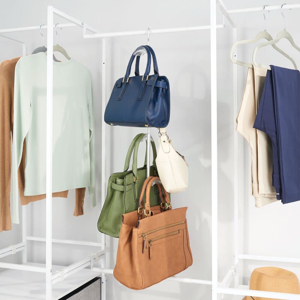 mDesign Aluminum Over The Closet Rod Hanging Storage Organizer Hanger for Storing and Organizing Purses, Backpacks, Satchels, Crossovers, Handbags - 4 Hooks - 2 Pack - Silver/Frost