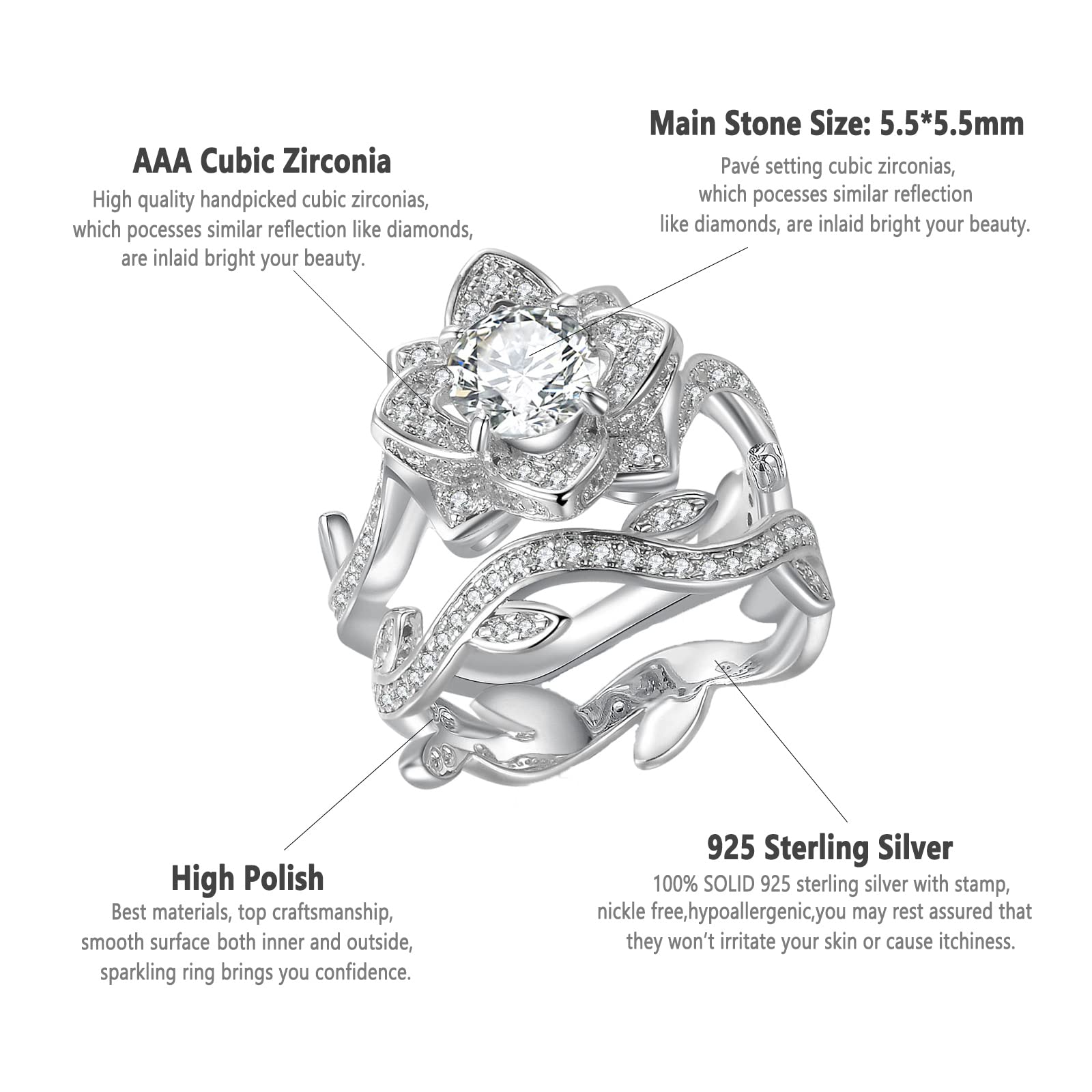Newshe Flower Wedding Rings for Women Engagement Ring 925 Sterling Silver Round White Cz Size 9.5