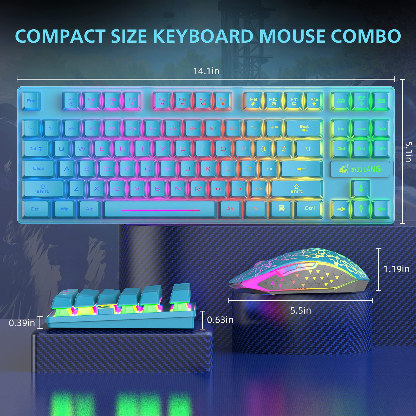 Wireless Gaming Keyboard and Mouse Combo,Rainbow Backlit 87 Keys Membrane Keyboard,2.4GHz Rechargeable 4000mAh Keyboard Mouse, Dual-Head USB&Type C Receiver for PC/Smart Phone/Laptop/Tablet/PS4(Black)
