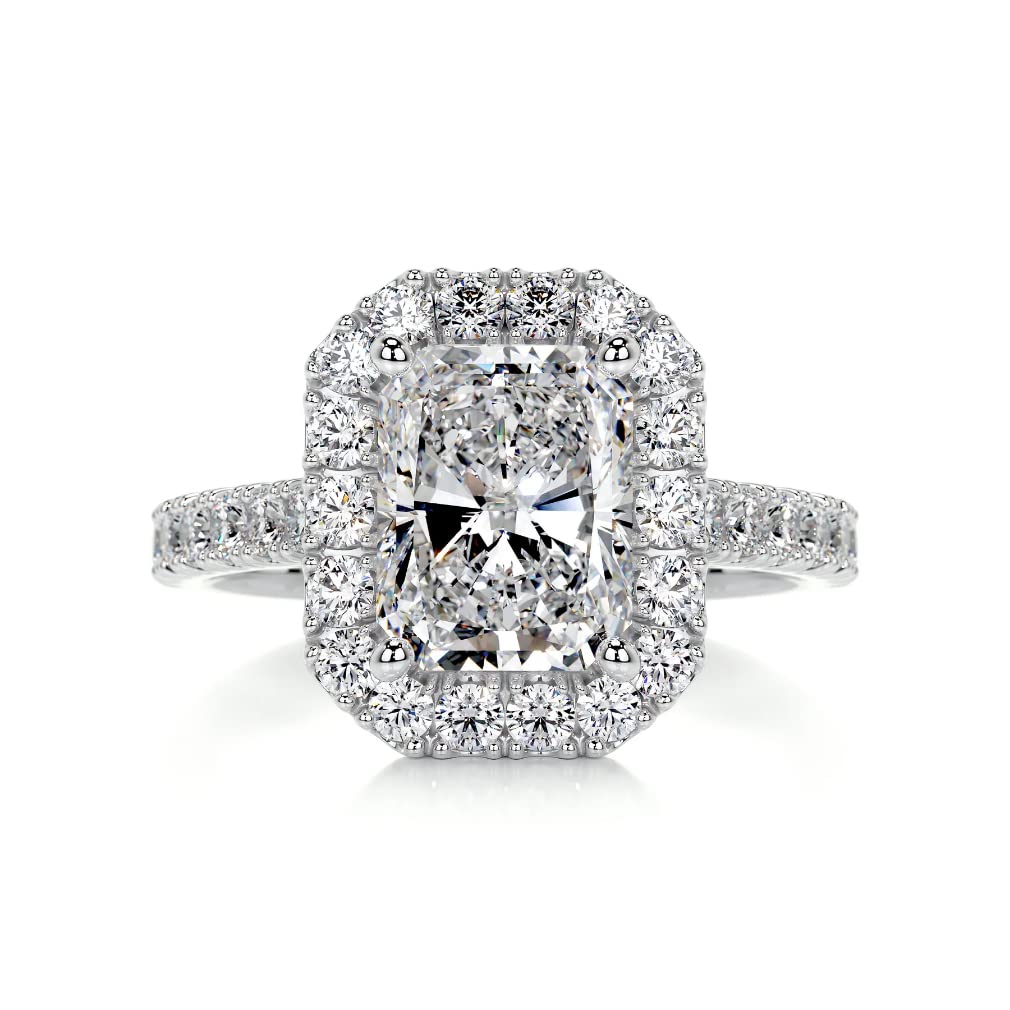 Solid Gold Handmade Engagement Rings 3 CT Radiant Cut Moissanite Diamond Halo Bridal Wedding Ring for Anniversary Propose Gift (14K Solid White Gold)