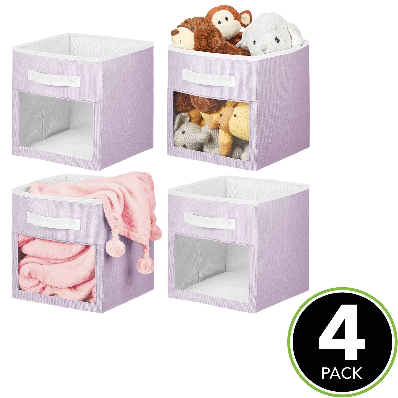 mDesign Fabric Nursery/Playroom Closet Storage Organizer Bin Box with Front Handle/Window - Cube Furniture Shelving Unit, Hold Toys, Clothes, Diapers, Bibs, Jane Collection, 4 Pack, Light Purple/White