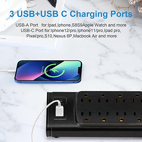 Surge Protector Power Strip 6 ft Flat Plug Power Strip, Multiple Plug Outlet, Outlet with 8 Sockets 4 USBInterface, 1875W, 2700 Joules, Black,Desktop Power Strip