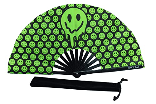 Rave Rat Large Portable Hand Held Fan - Durable Personal Folding Travel Fans For Outfits and Festivals - Decorative Festival Accessories - Glows Under UV Blacklight (Smiley Drip)
