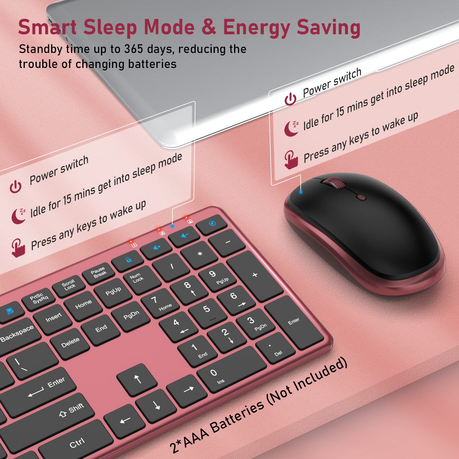 Wireless Keyboard and Mouse, Super Slim Keyboard with Responsive Keys, Silent Mouse and 2.4GHz USB Receiver, Battery Powered Full Size Cordless Combo for Mac, Computer, PC, Chromebook (Wine Red)