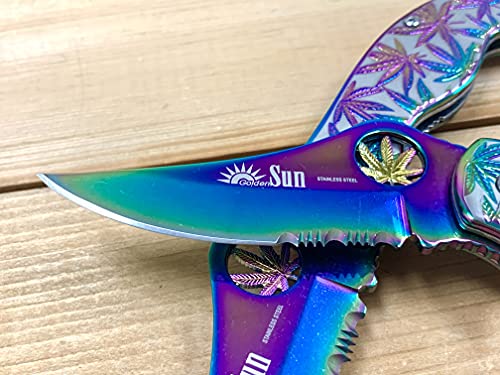 Super Knife 7.5" Rainbow Leaf Spring Assisted EDC Folding Lexury Pocket knife