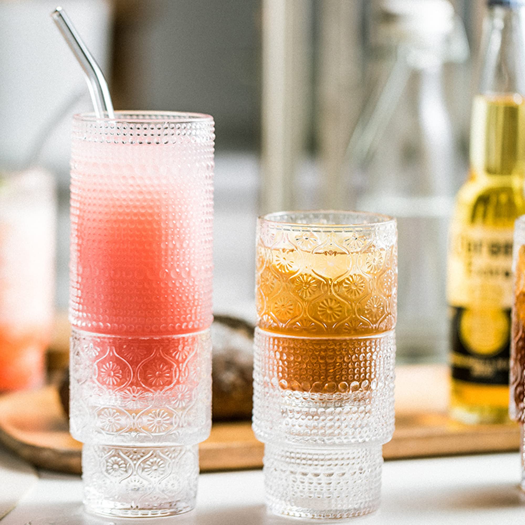 POLIDREAM Vintage Glassware Set of 4 pcs Glass Cups, 2 Embossed Stackable Pattern Style & 2 Raindrop Origami Style, Elegant Old Fashioned Glasses, Ideal for Whiskey, Cocktail, Ice Coffee, Beer