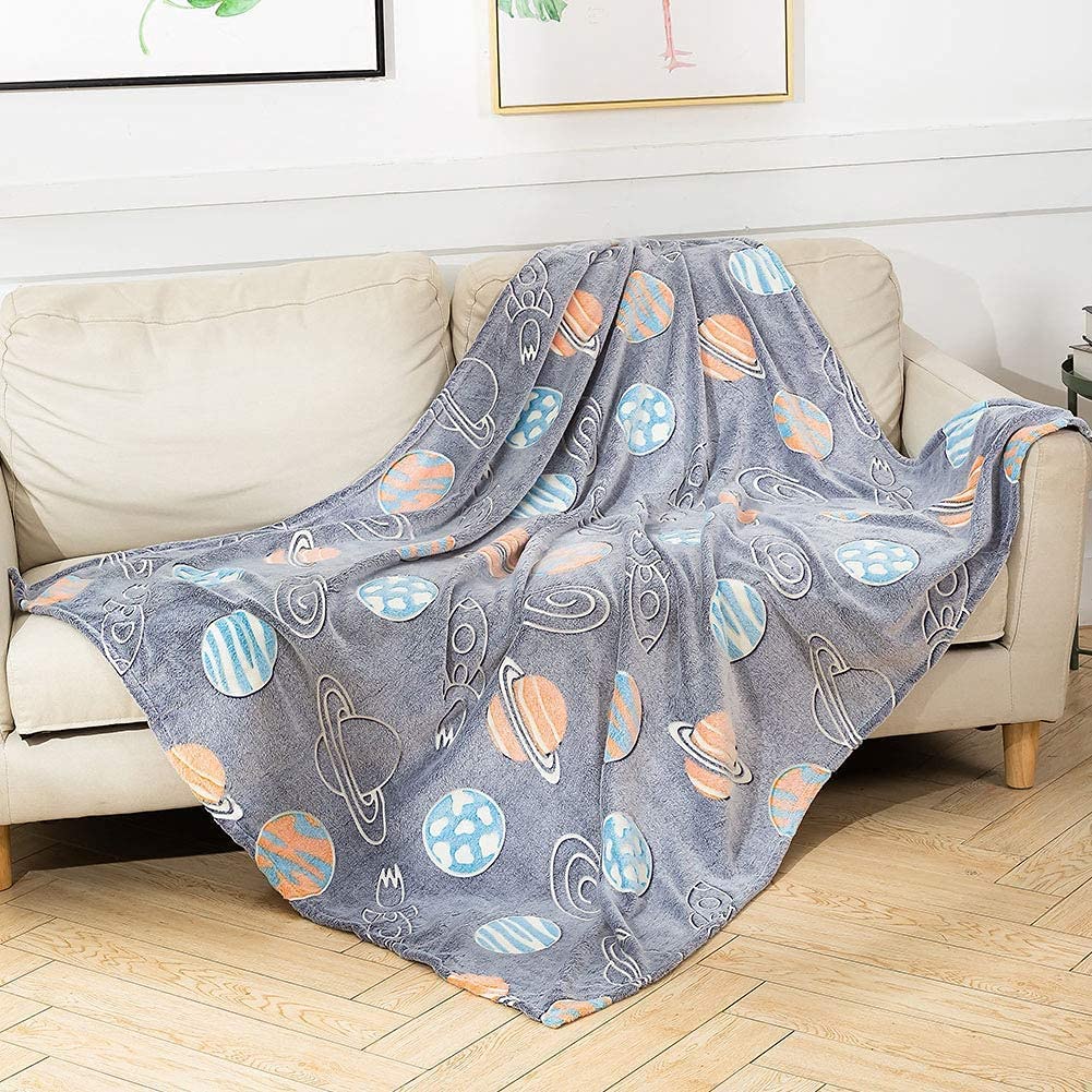 MeMoreCool Space Planet Glow in The Dark Throw Blanket - Soft Flannel Blanket for Kids and Adults, Decorative Luminous Throw for Bed Sofa Couch Car, Birthday, 50x60 Inches