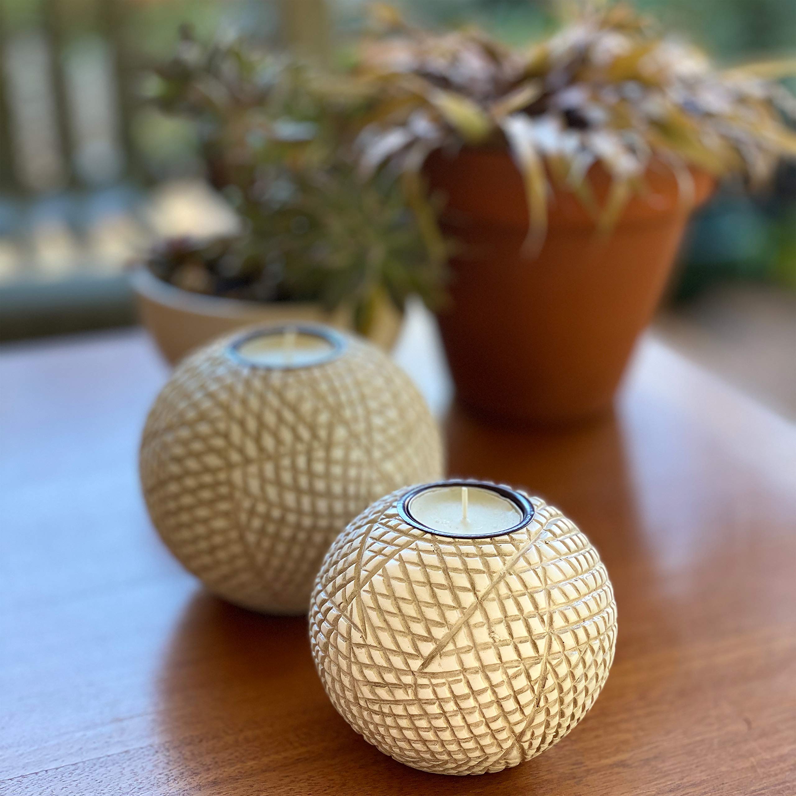 Luca Orb Candle Holders (Gift Boxed Set of 2), Table Centerpieces for Dining or Living Room, Spa, Bathroom, Kitchen Counter, Mantle or Coffee Table Decor (Grid Pattern, Beige and White)