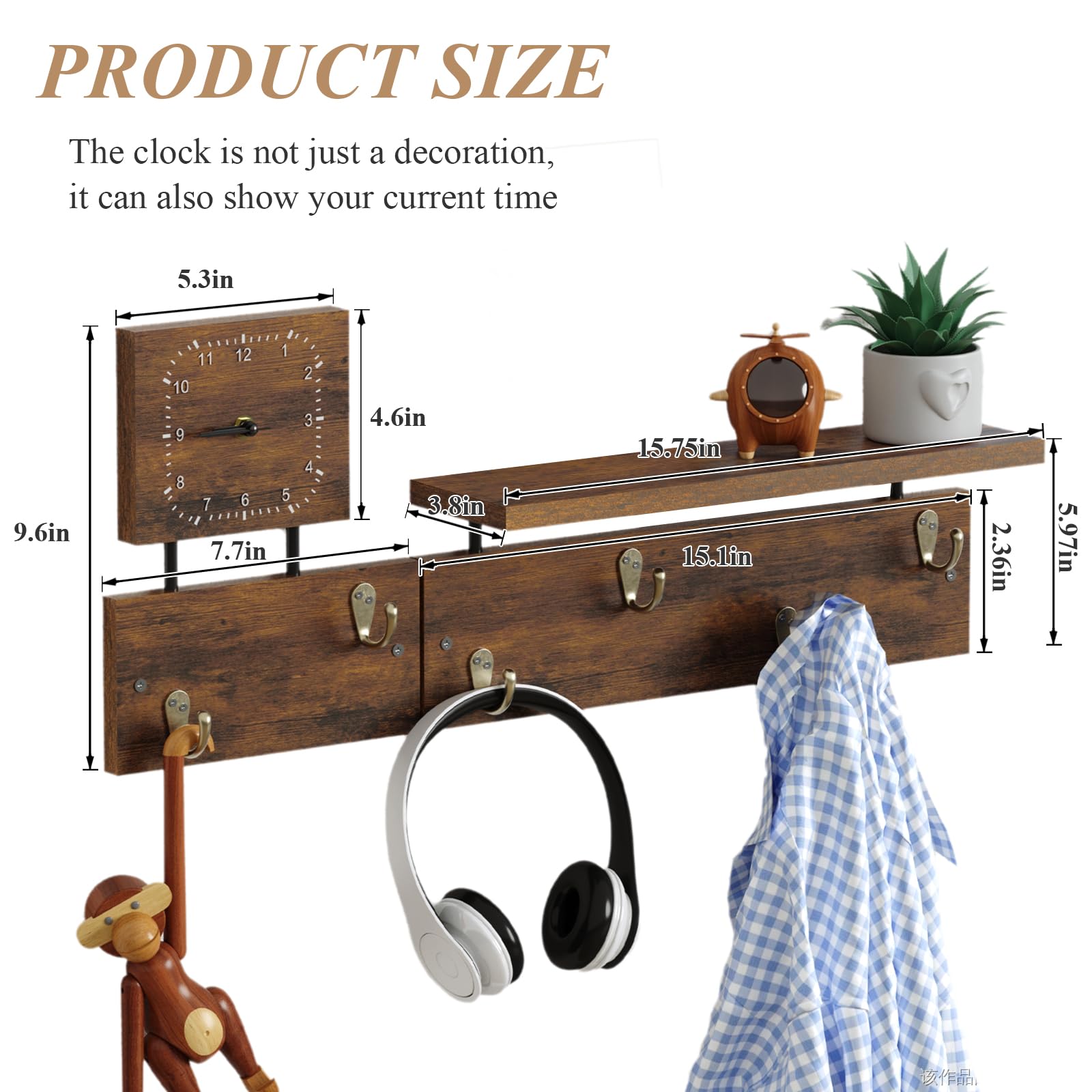 X-cosrack Coat Rack Wall Mount, Wooden Wall Mounted Storage Rack with Clock and 6 Hooks,Hanging Coat Rack with Shelf for Entryway, Bathroom, Living Room, Bedroom
