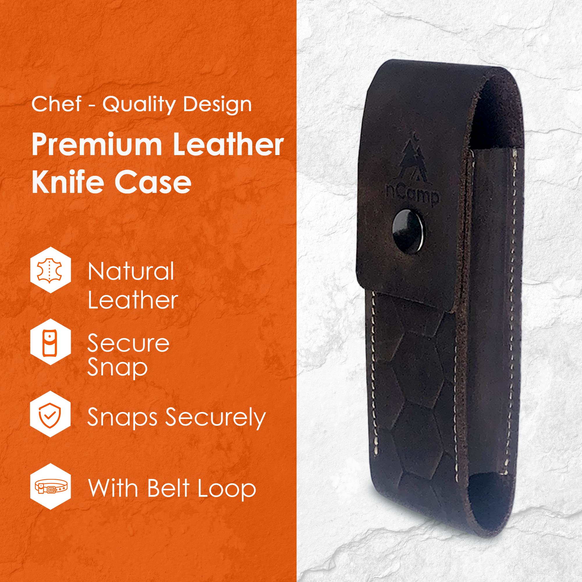 nCamp - Knife Case Leather Belt Sheath, Folding Knife Sheath for Belt, Premium Leather Knife Covers or Sleeves w/Belt Loop, Santoku or Chef Knife Sheath, 15 x 5 cm
