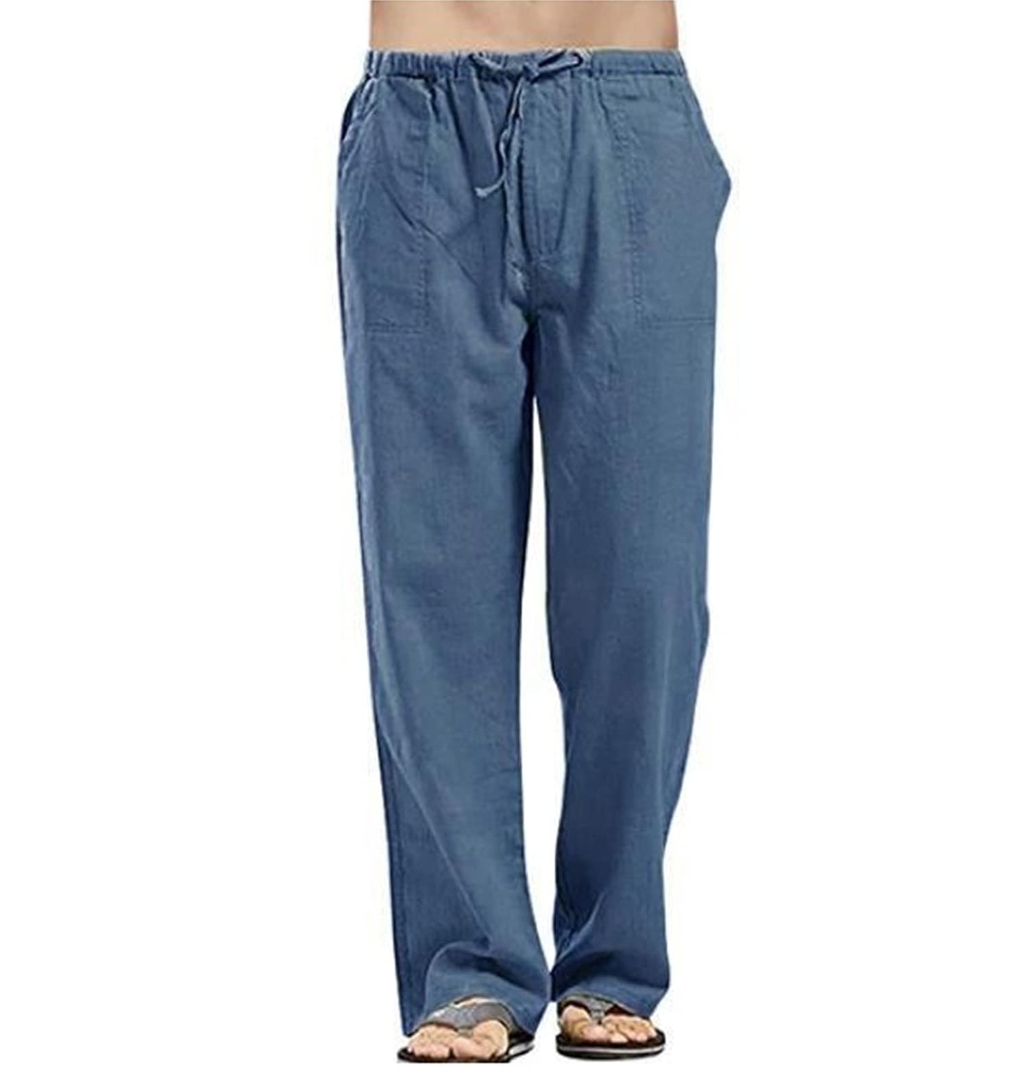 Men's Linen Drawstring Lightweight Pants Loose Fit Casual Jogger Beach Trousers Elastic Waist Comfy Yoga Summer Slacks (Light Blue,Medium)