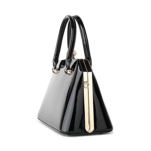 Style Strategy Push Lock Crossbody for women trapezoid Handbags Hardware Chain Crocodile Textured Shoulder black patent leather bag