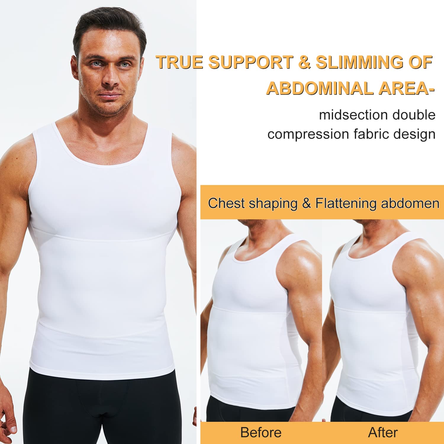 Mens Compression Shirt Slimming Undershirt Body Shaper Vest Workout Tank Tops Shapewear Abs Abdomen White