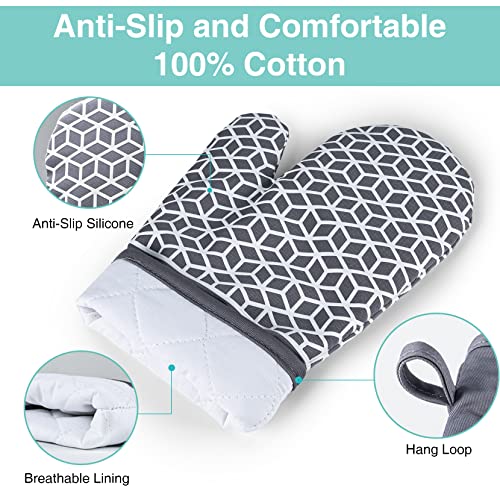 Oven Mitts and Pot Holders, Hmtruly Extra Long Oven Gloves, 500℉ Heat Resistant Oven Mitts with Non-Slip Silicone Pattern, Oven Hot Pads Pot Holders for BBQ Kitchen Baking Cooking (6-Piece Set, Grey)