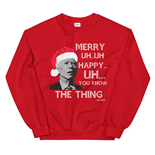 Pesky Patriot Funny Joe Biden Merry UH UH Ugly Christmas Sweater | Hilarious Mumbling Biden Tacky Xmas Pullover Sweatshirt for Men or Women (XX_Large) Red