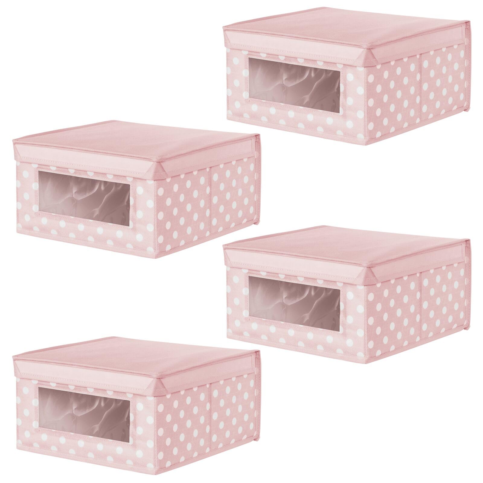 mDesign Medium Soft Stackable Fabric Baby Nursery Storage Organizer Holder Bin Box with Front Window and Lid for Child/Kids Bedroom, Playroom, Classroom - 4 Pack - Pink/White Polka Dot