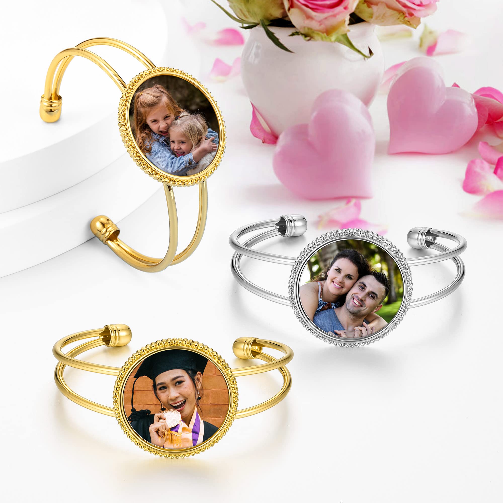 Personalized Master Custom Photo Cuff Bracelet for Women Adjustable Personalized Picture Bangle Bracelets for Girls Birthday Valentine's Day Gifts Silver