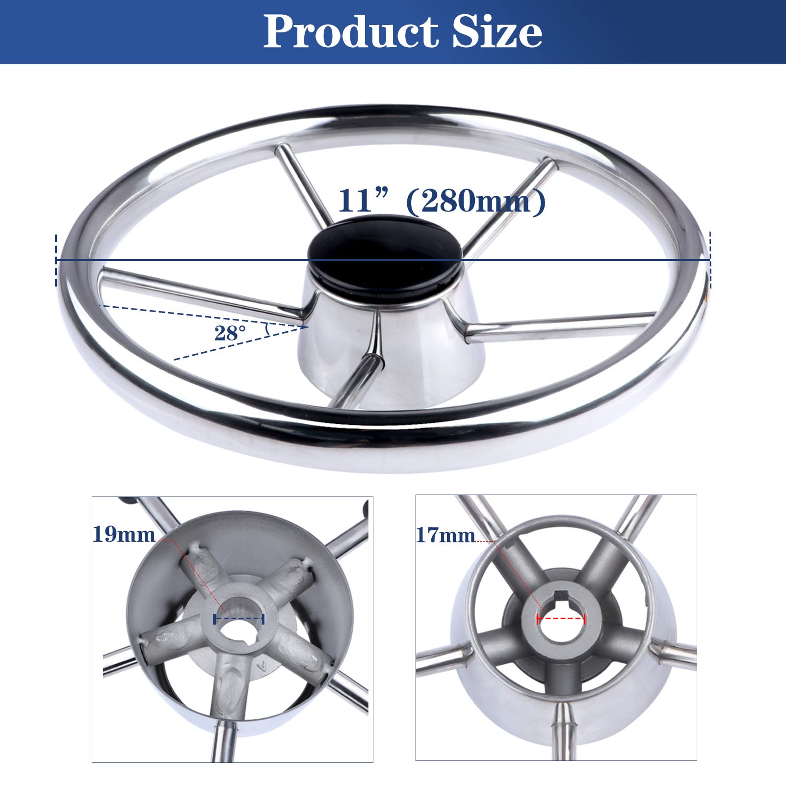 Marinebabay Stainless Boat Steering Wheel, 5-Spoke 11 Inch Destroyer Style Steering For Pontoon Boat Yacht