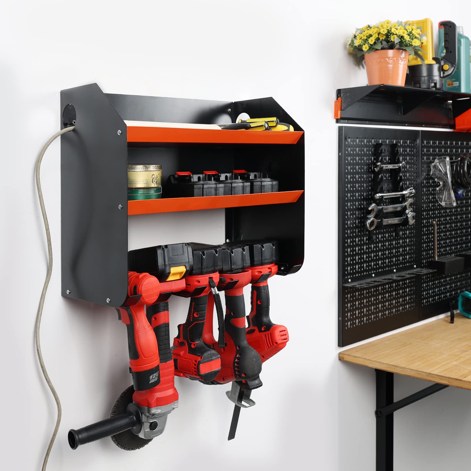 Wallmaster Power Tool Organizer, Wall Mount Drill Holder & 8-Bin Storage Bins Garage Rack System 2-Tier Orange Tool Organizers