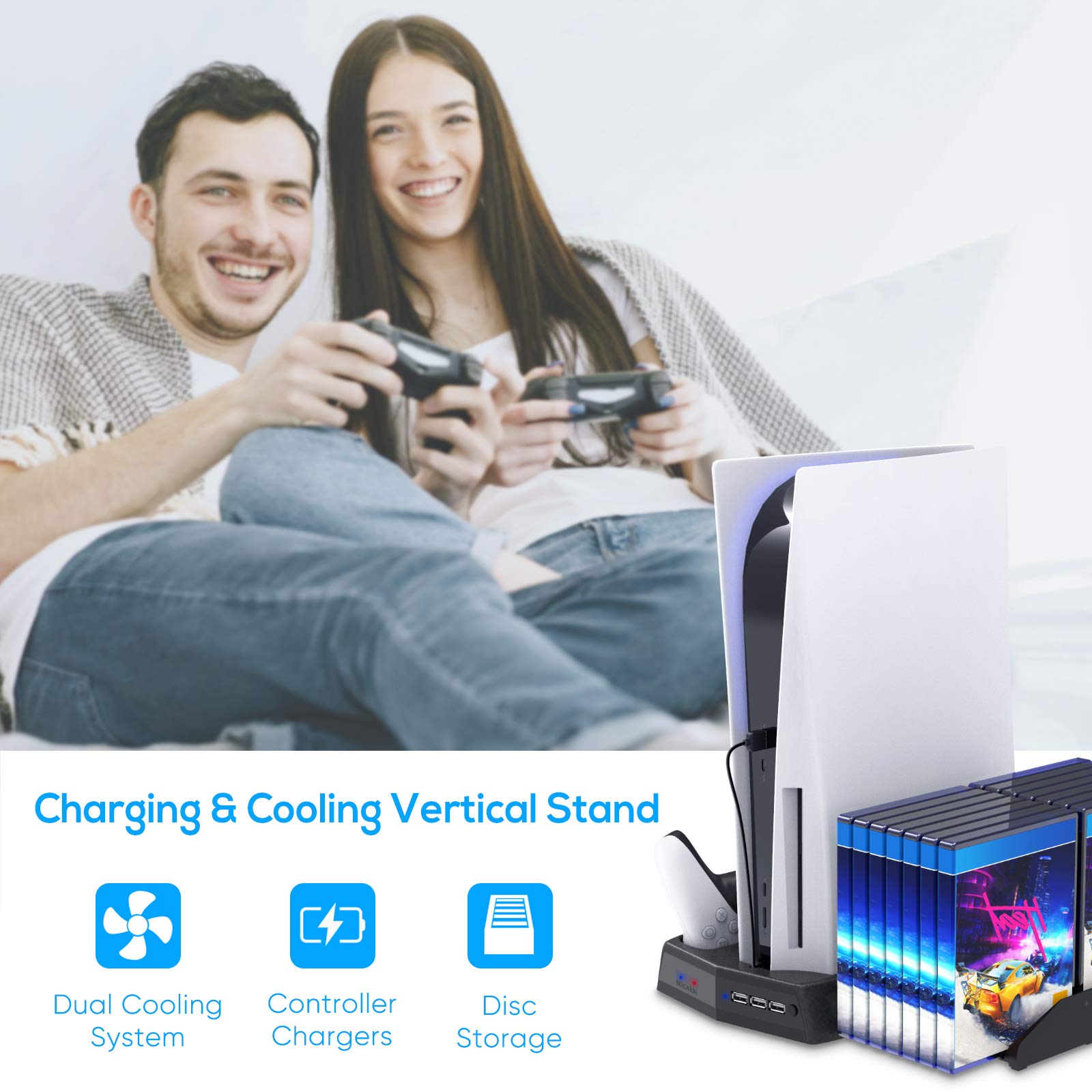 MENEEA Vertical Stand for PS5 Digital Edition/Ultra HD with Dual Controller Charging Station & Suction Cooling Fan & 14 Retractable Game Slots, for PS5 Gaming Accessories for PS5 Console