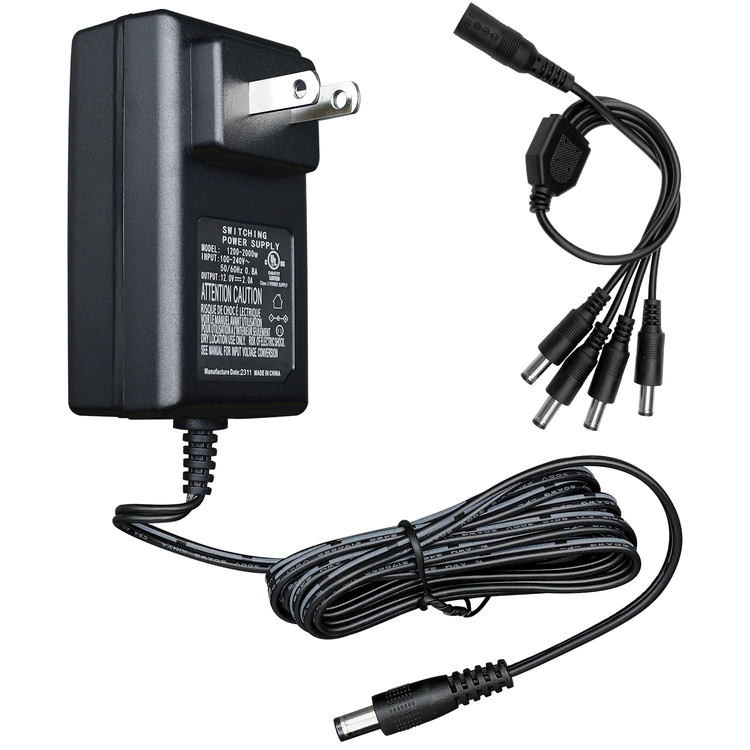 UL Listed 12V 2A 6ft AC Adapter, Regulated 12Volts 2000mA Power Supply Cord with 4-Way DC Power Splitter Cable for LED Strip Light, CCTV Camera, BT Speaker, Webcam, Router, DC 12V Transformer