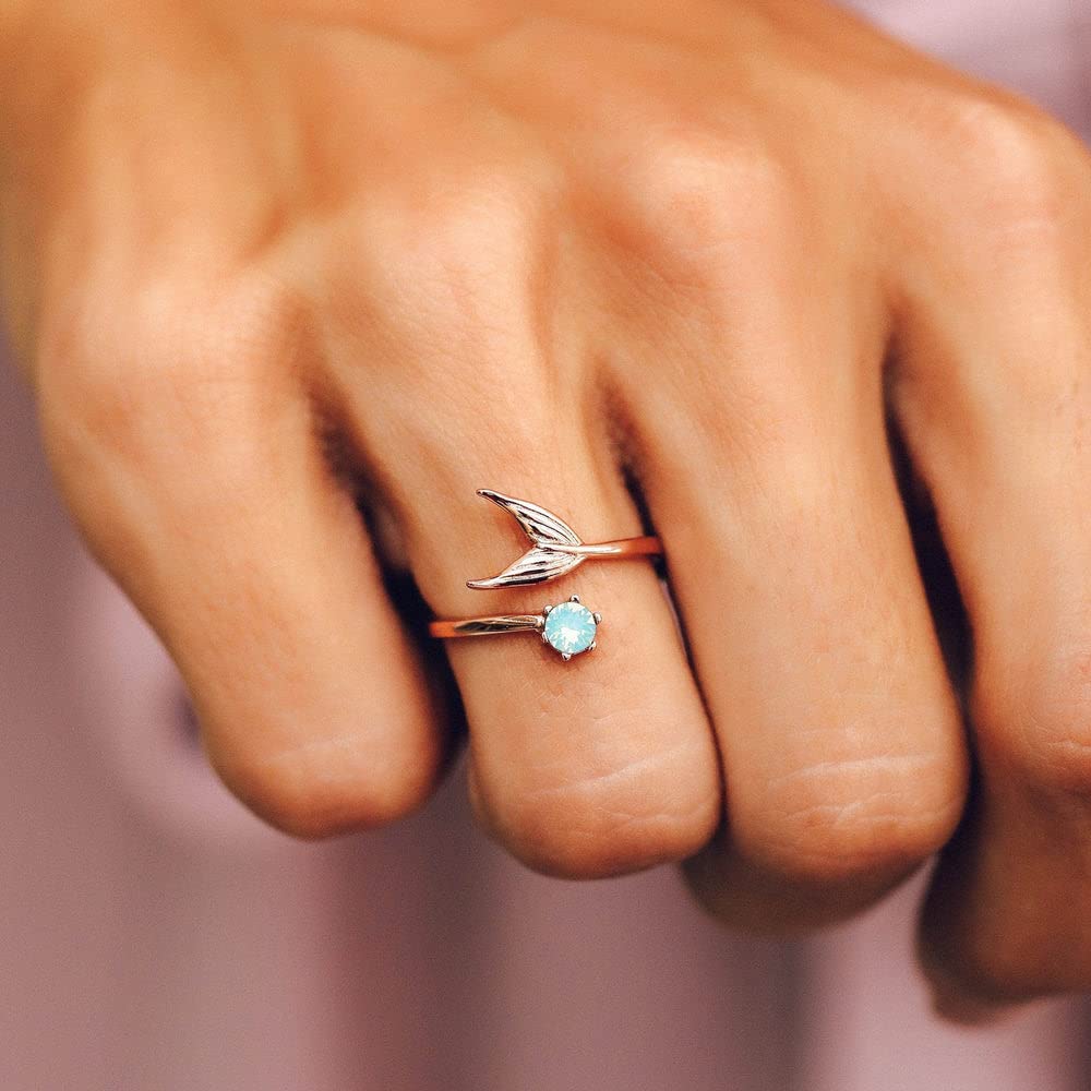 Pura Vida Rose Gold Disney Little Mermaid Fin Open Ring w/Opal Stone - Textured Charm, Brass Base - Size 7