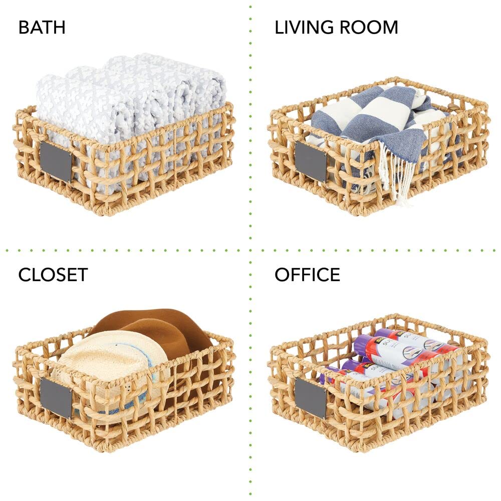 mDesign Water Hyacinth Open Weave Household Basket with Built-in Chalkboard Label for Storage in Bedroom, Bathroom, Office - Hold Clothes, Blankets, Linens, Accessories, 3 Pack - White Wash