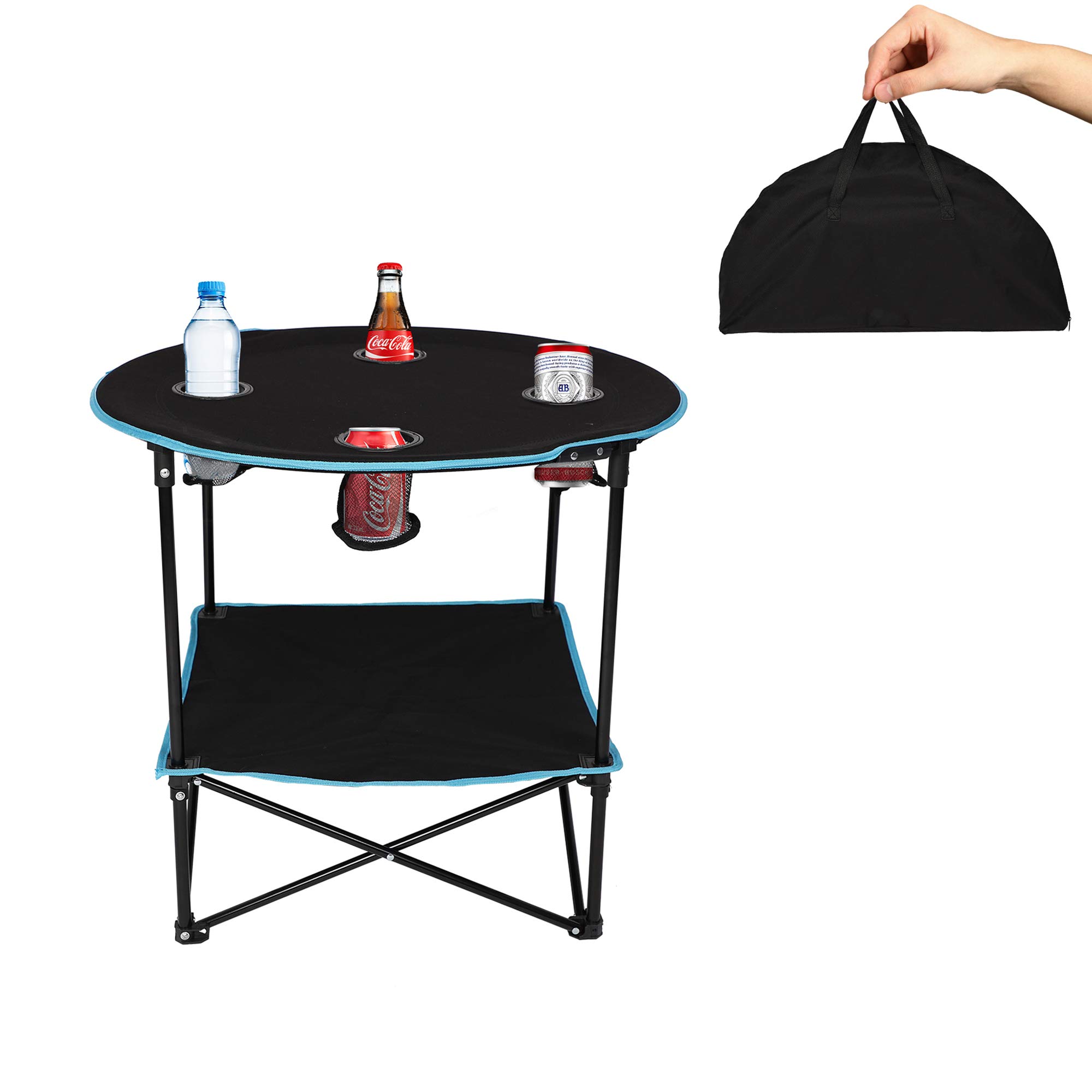 LUCKYERMORE Portable Camping Table, Folding Picnic Tables with 4 Cup Holders and Storage Rack, Carry Bag Included, Lightweight Tailgate Beach Table for Outside BBQ Picnic Beach, Black & Blue