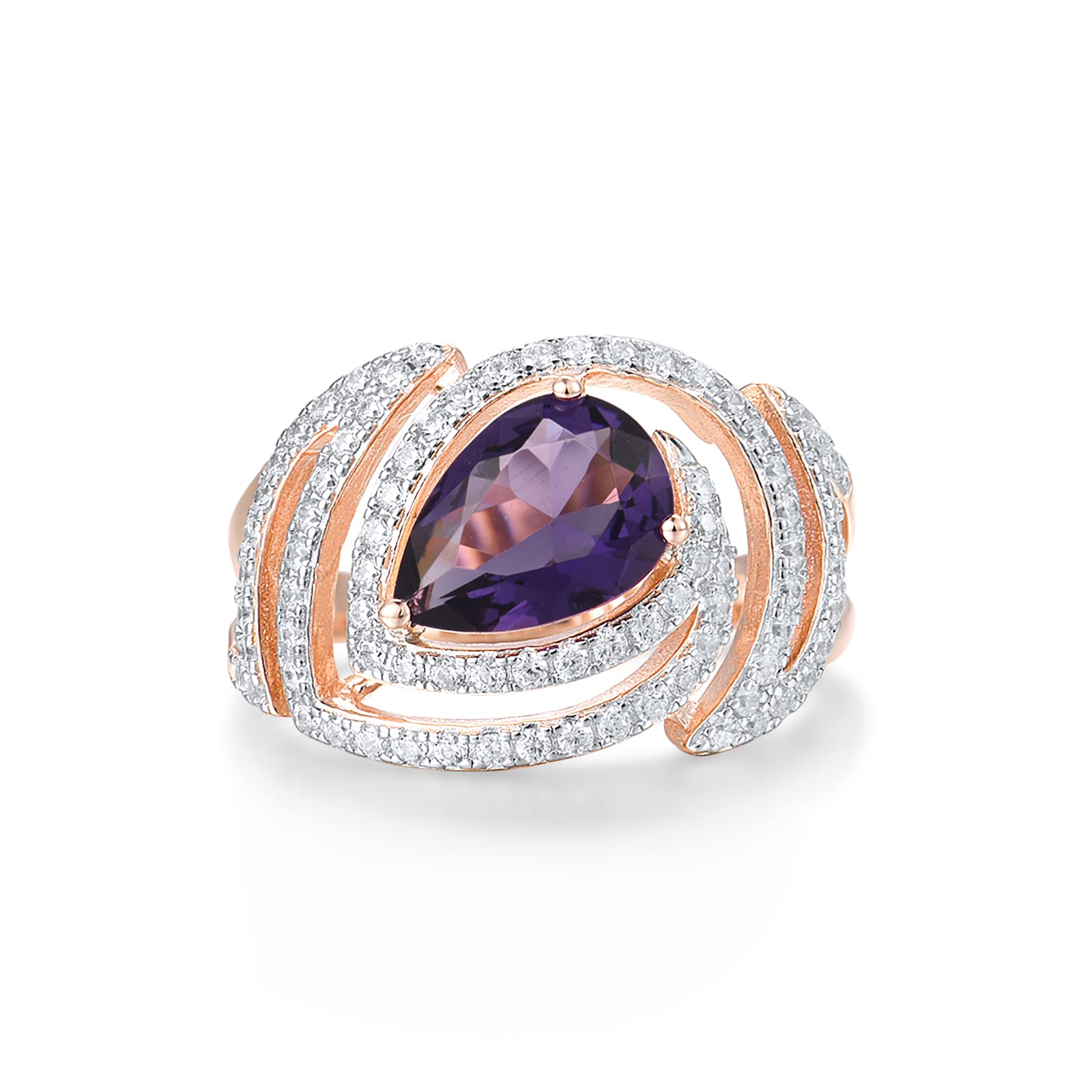 Santuzza 925 Sterling Silver Pear Shape Purple Glass Ring Cubic Zirconia 14K Rose Gold Plated Ring for Women (10)