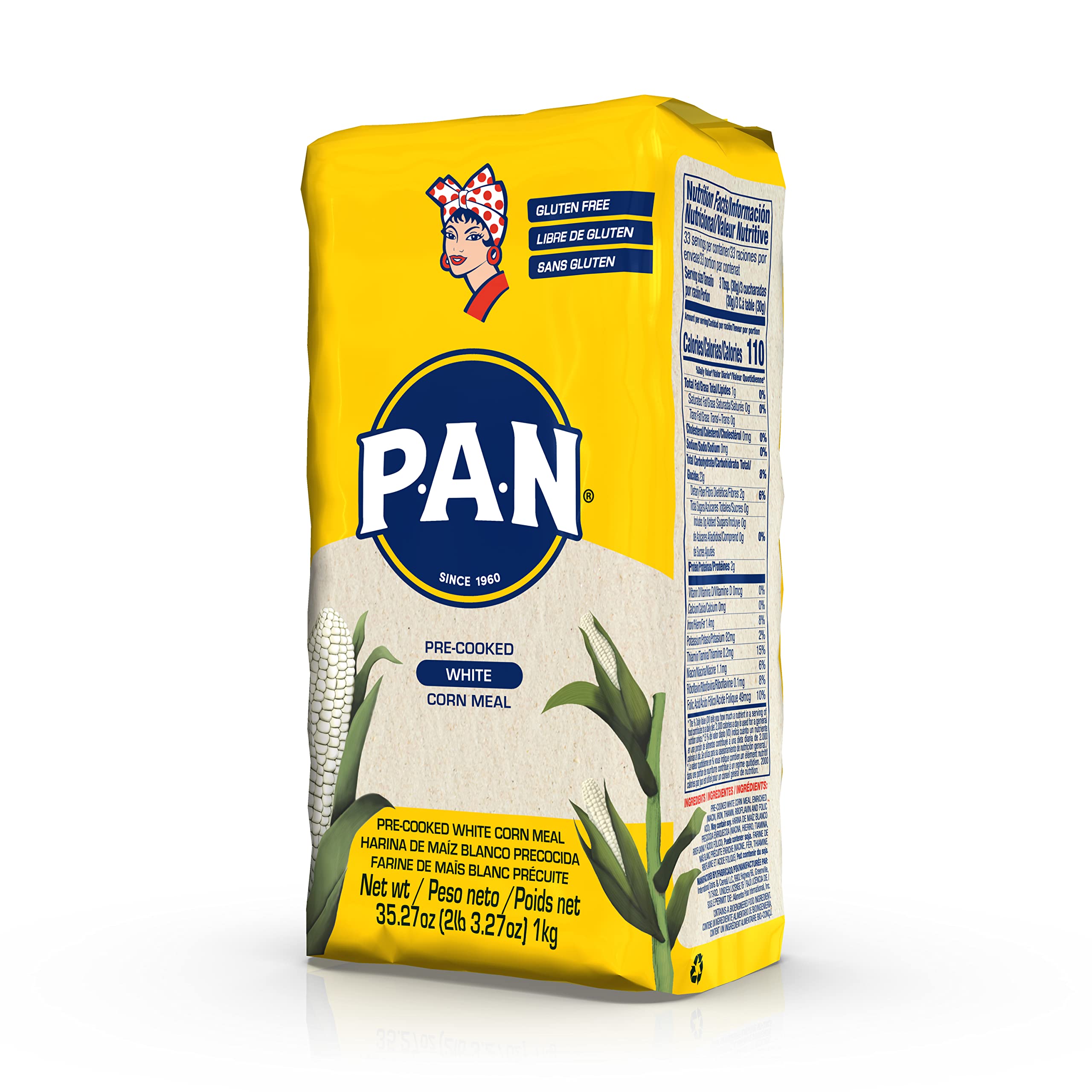 P.A.N. White Corn Meal – Pre-cooked Gluten Free and Kosher Flour for Arepas (2.2 lb/Pack of 4)