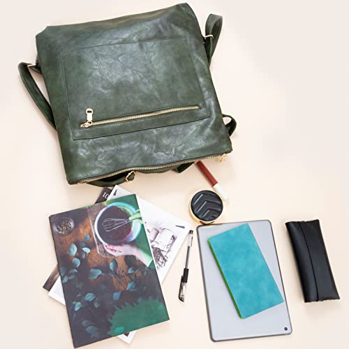 QTKJ Leather Backpack, Large Leather Purse, Vegan Leather Handbag, with Adjustable Shoulder Strap, Tote Bag for Women Travel, Work, Vacation, Green