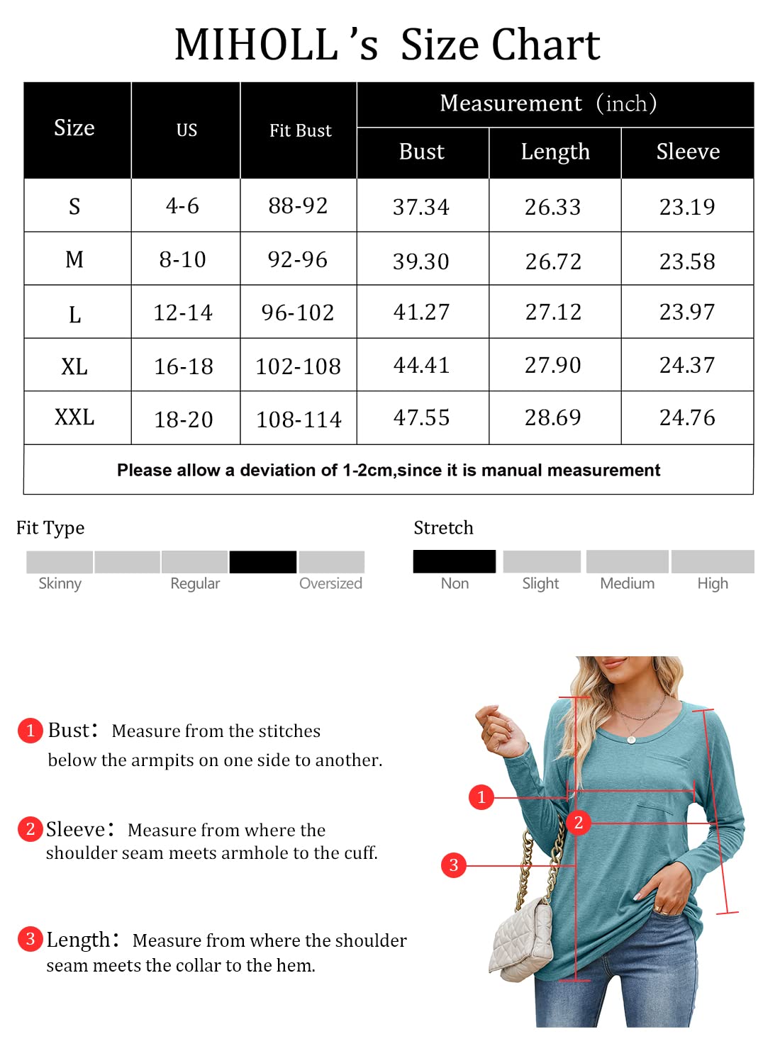 MIHOLL Women's Plain T Shirts Scoop Neck Long Sleeve Pocket Blouse Tops