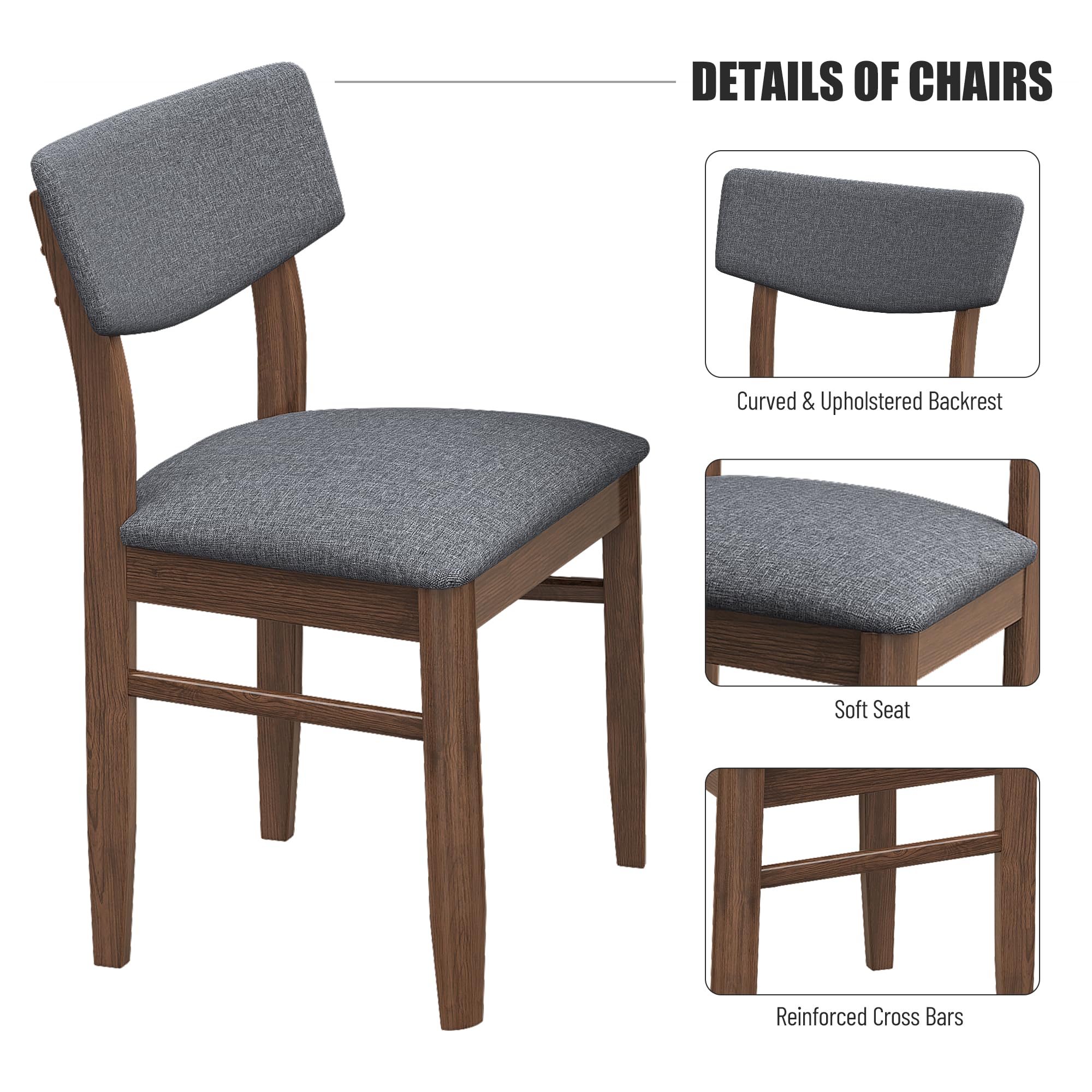 Lepfun 5 Pieces Modern Set with 1 Rectangular Chairs Fabric Cushion for 4,All Rubber Wood Table for Dining Room,Kitchen and Small Space,Walnut and Grey