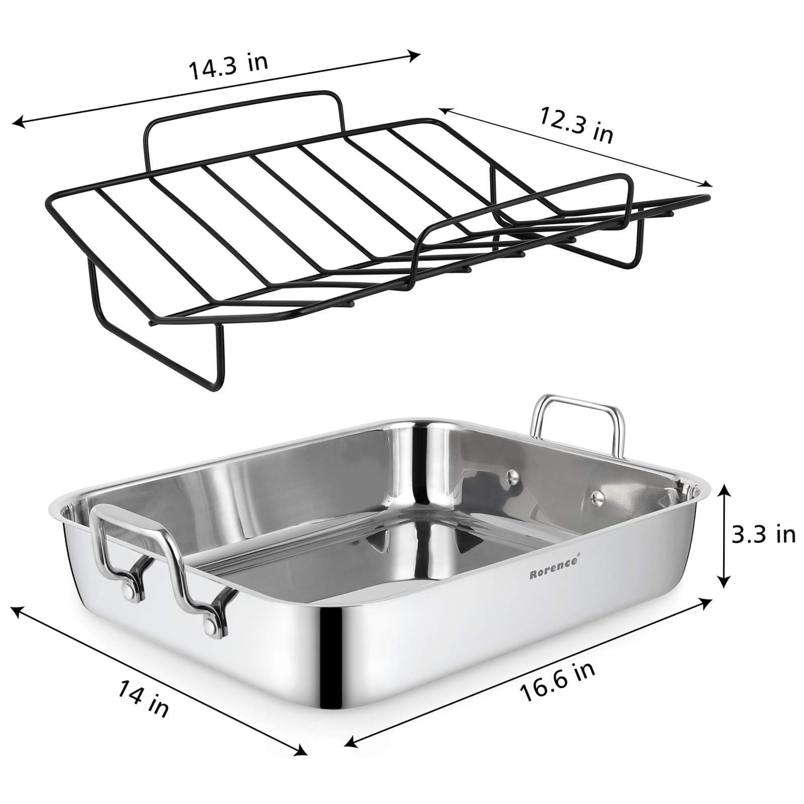 Rorence Roasting Pan with Rack: 16-Inch Stainless Steel Rectangular Turkey Roaster pan with Nonstick V-Shaped Rack for Thanksgiving Christmas – Set of 5