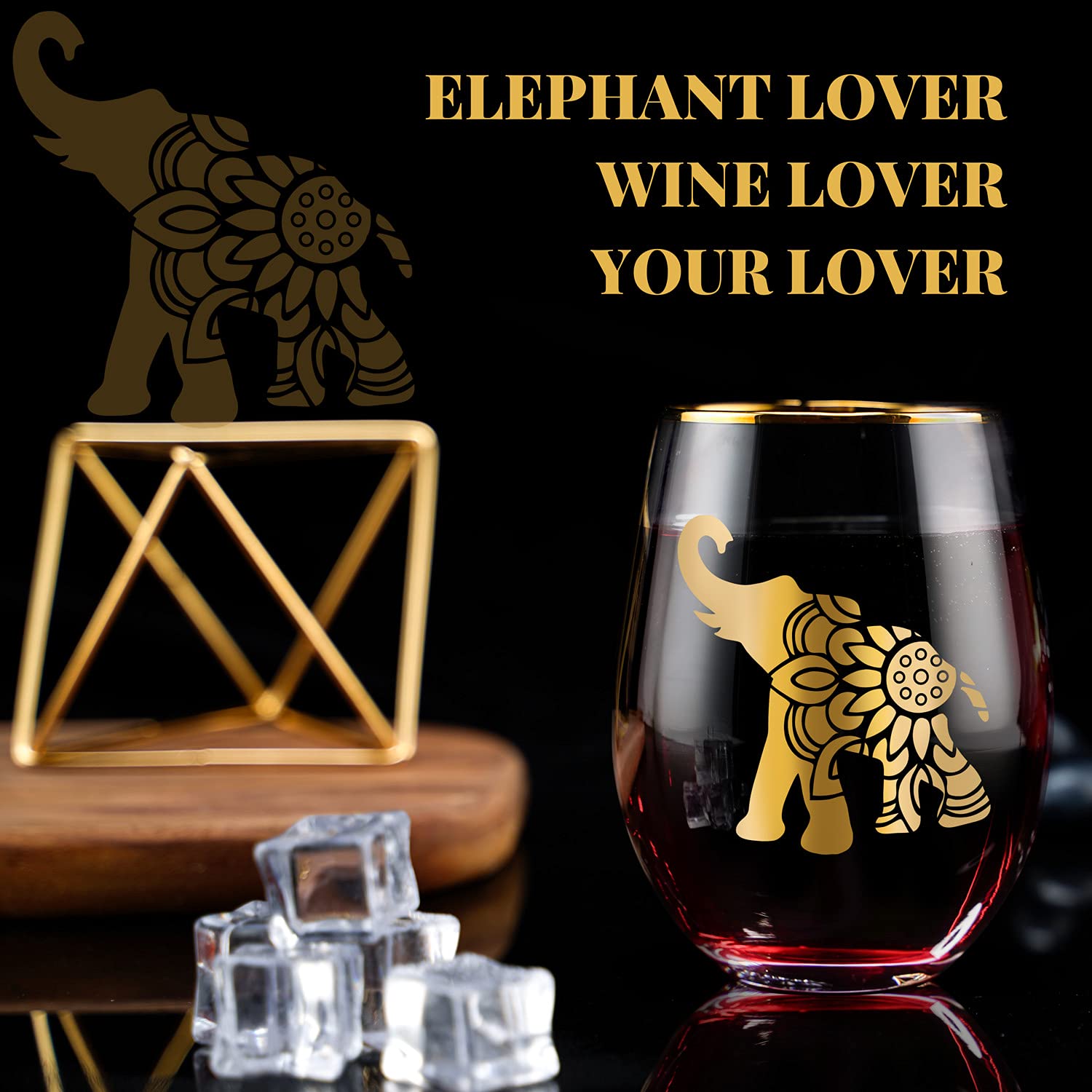 Onebttl Unique Elephant Gifts - Ethnic Mandala Elephant Stemless Wine Glass, Best for Elephant Lovers, Perfect with Red Wine Gin Cocktail Fizzy Drinks - Gold - for Birthday, Celebrations, Housewarming