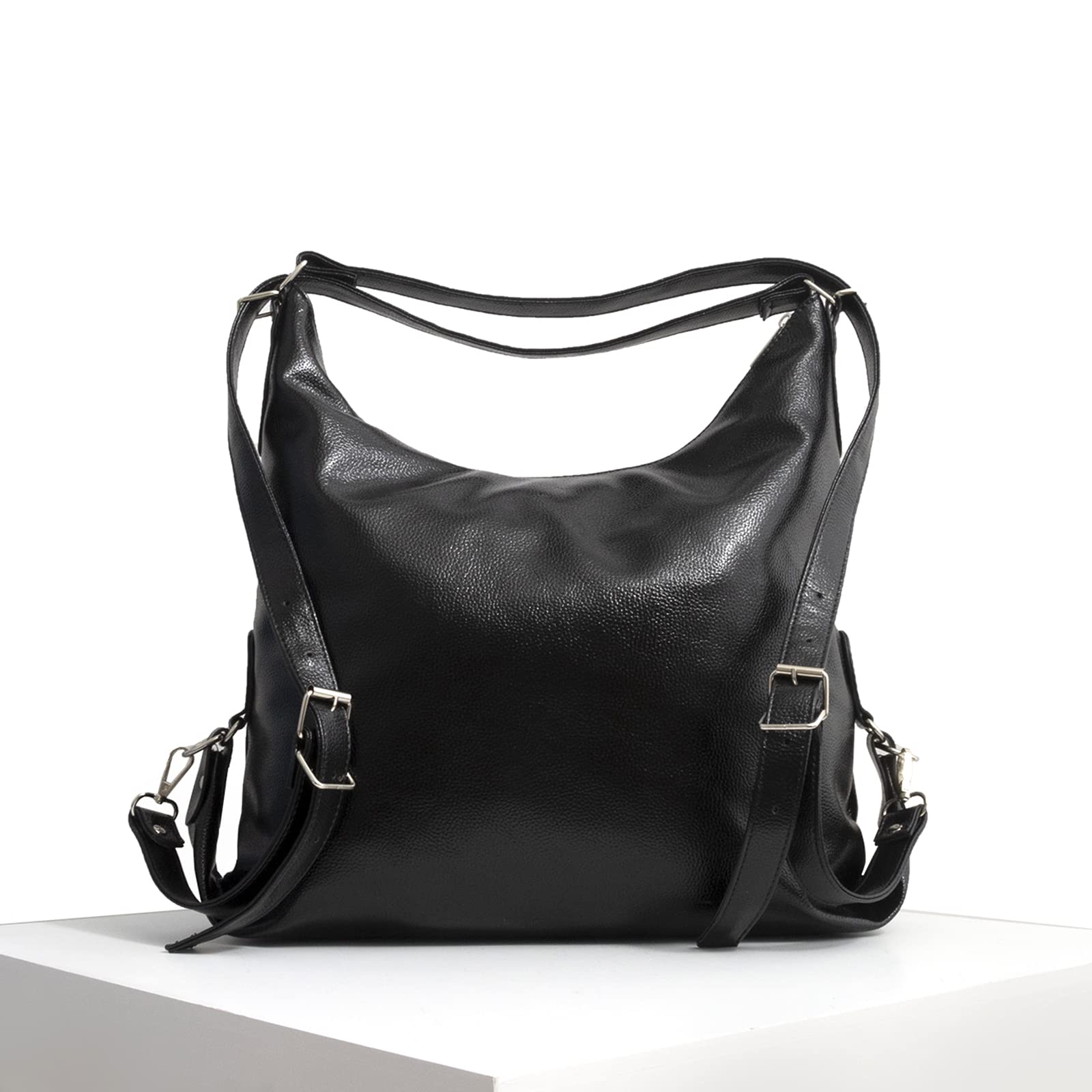QTKJ Leather Backpack, Large Leather Shoulder Bag, Vegan Leather handbags with Adjustable Shoulder Strap, Multifunction Convertible Backpack for Women Travel Work Vacation, Black