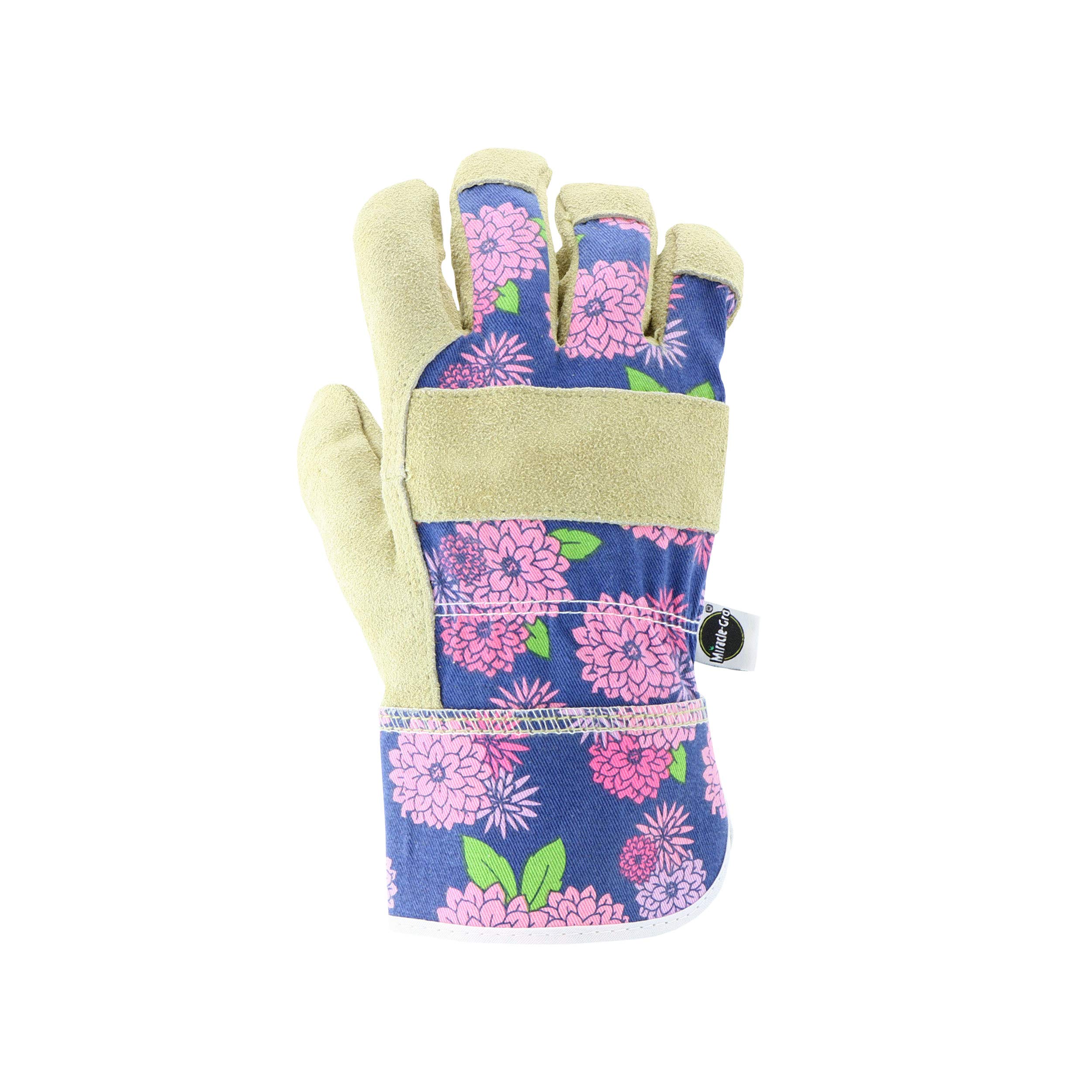 Miracle-Gro MG23012/WSM Split Cowhide Garden Gloves β Floral, Small-Medium, Canvas Back Leather Palm Gloves for Women