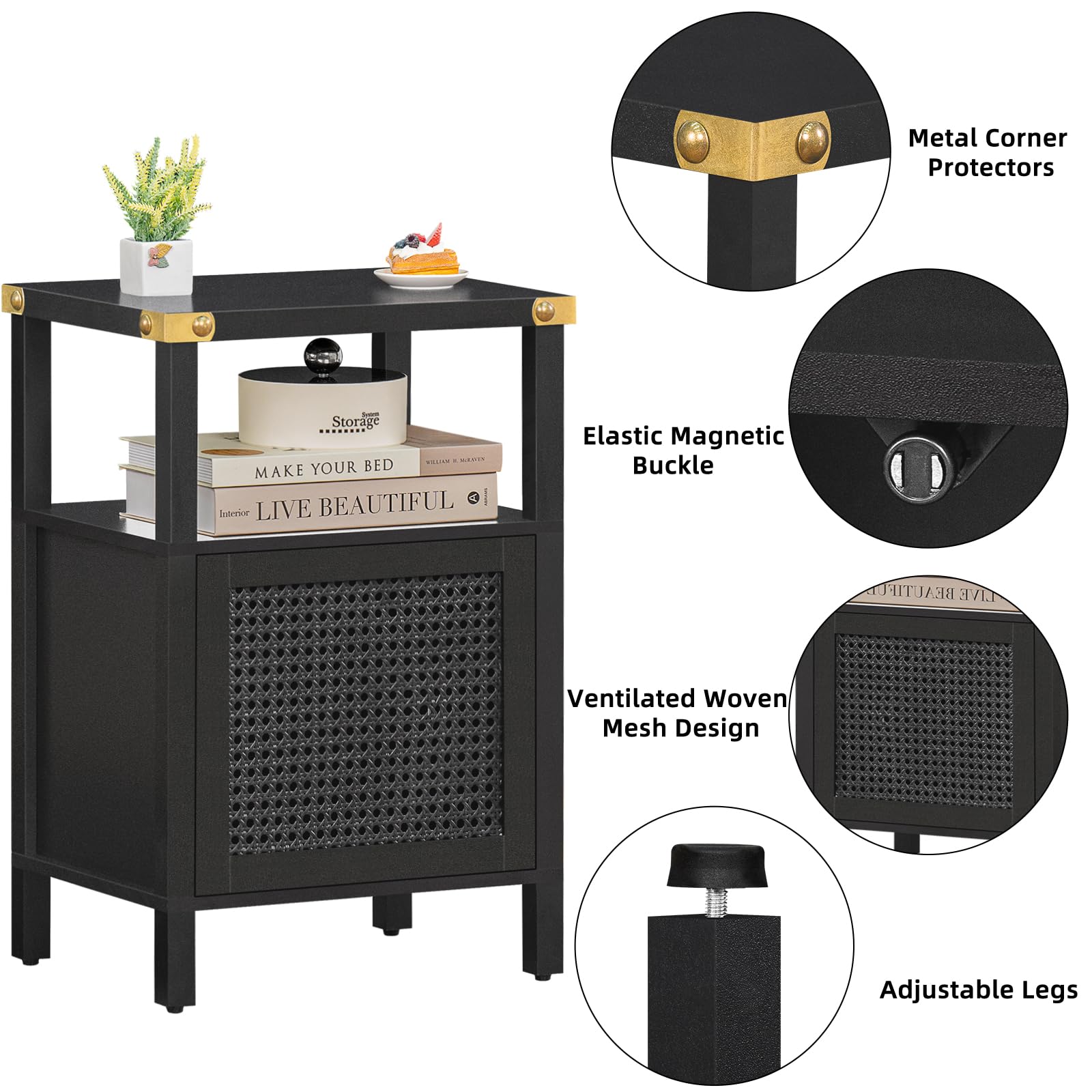 Lerliuo Nightstand Boho Side Table with Rattan Decorated Door, Wood Night Stand with Storage