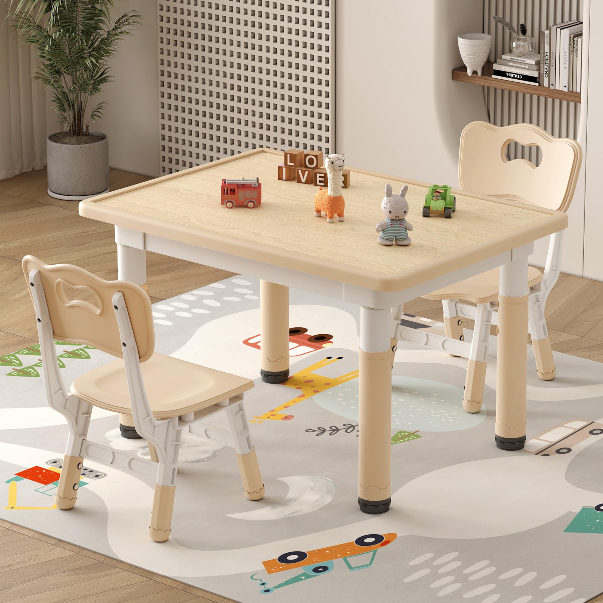 YAIWOMI Kids Table and Chairs Height Adjustable, Toddler Table and Chairs, 31.5''L x 23.6''W Graffiti Table with 4 Chairs, for Reading, Drawing, Eating, for Ages 3-8, Grey