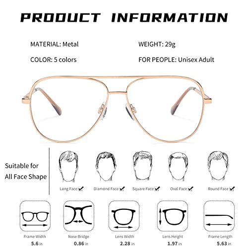 Pro Acme Aviator Classic Non-Prescription Clear Lens Glasses for Women and Men Durable Metal Eyewear Frame (Gold)