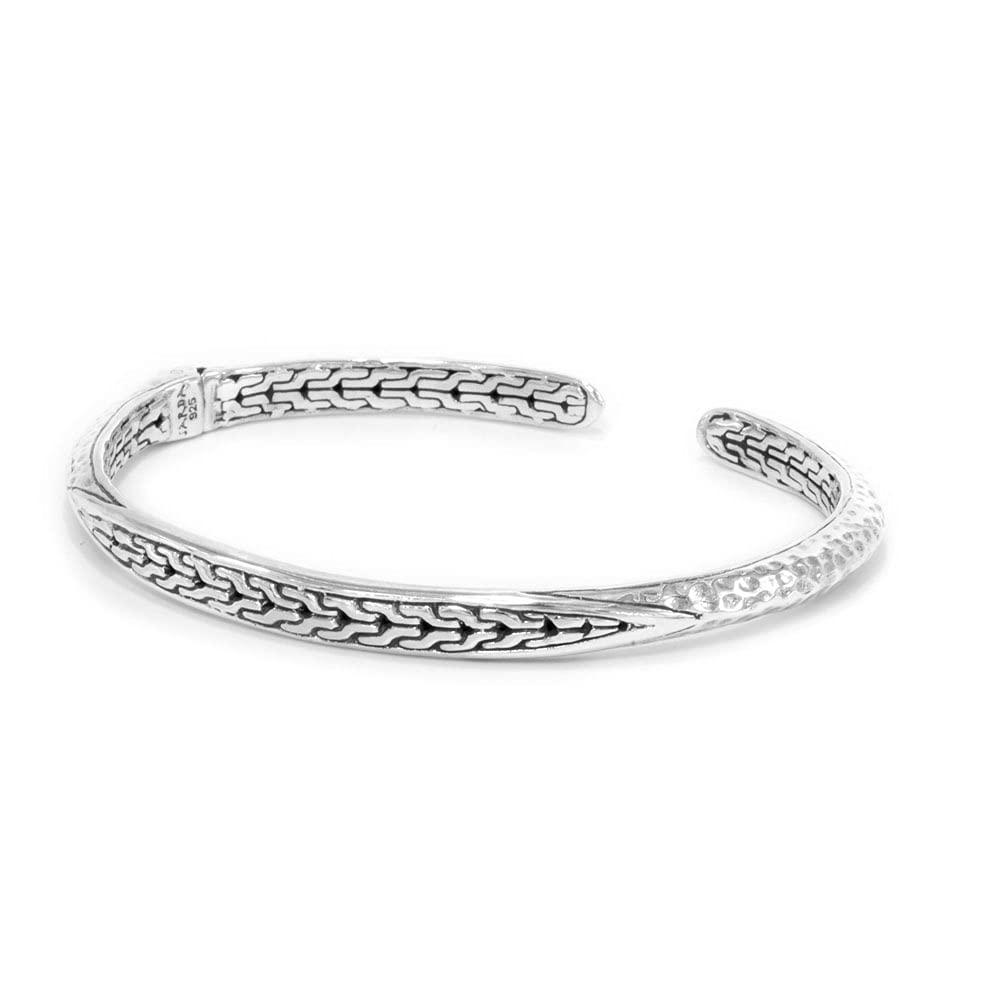 Sarda - .925 Sterling Silver Chain Link & Hammered Open Oval Hinged Bangle Bracelet 6-1/4" - Handmade by Bali Artisans - Fits Wrist Sizes 5-3/4" - 6-3/4"